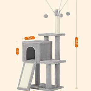 Feandrea Cat Tree, Small Cat Tower for Indoor Cats, Kittens, Multi-Level Plush Cat Condo, 16.5 x 12.6 x 46.5 Inches, Scratching Post, Ramp, 3 Removable Pompom Sticks, Cat Cave, Light Gray UPCT143W01