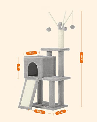 Feandrea Cat Tree, Small Cat Tower for Indoor Cats, Kittens, Multi-Level Plush Cat Condo, 16.5 x 12.6 x 46.5 Inches, Scratching Post, Ramp, 3 Removable Pompom Sticks, Cat Cave, Light Gray UPCT143W01