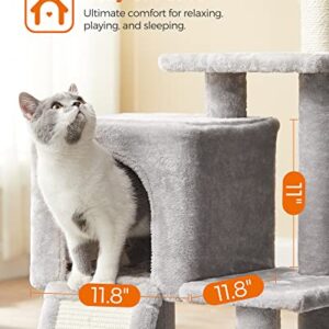 Feandrea Cat Tree, Small Cat Tower for Indoor Cats, Kittens, Multi-Level Plush Cat Condo, 16.5 x 12.6 x 46.5 Inches, Scratching Post, Ramp, 3 Removable Pompom Sticks, Cat Cave, Light Gray UPCT143W01