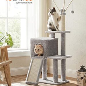 Feandrea Cat Tree, Small Cat Tower for Indoor Cats, Kittens, Multi-Level Plush Cat Condo, 16.5 x 12.6 x 46.5 Inches, Scratching Post, Ramp, 3 Removable Pompom Sticks, Cat Cave, Light Gray UPCT143W01