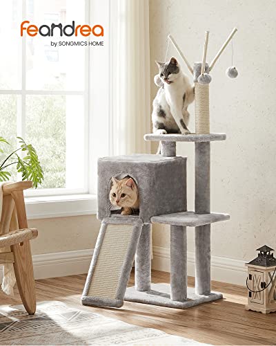 Feandrea Cat Tree, Small Cat Tower for Indoor Cats, Kittens, Multi-Level Plush Cat Condo, 16.5 x 12.6 x 46.5 Inches, Scratching Post, Ramp, 3 Removable Pompom Sticks, Cat Cave, Light Gray UPCT143W01