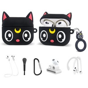 cute black sailor moon airpods 3rd generation(2021) case,7 in 1 airpods 3 silicone accessories protective cover, fashion fun cartoon character luna cat design airpods 3 skin for girls women kids teens