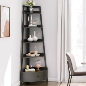 seventable corner shelf with drawer, 5-tier corner bookshelf, freestanding corner shelf unit, black corner bookcase, corner plant stand for living room, kitchen, home office