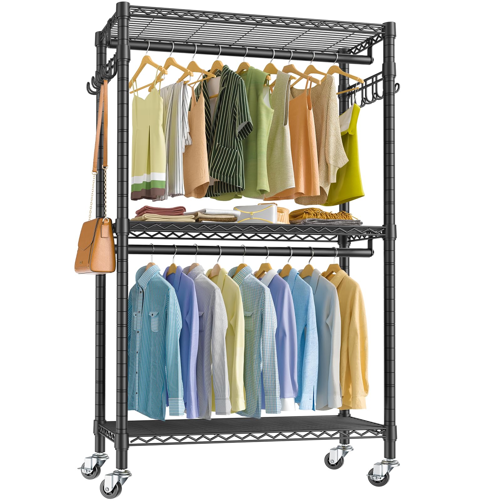 VIPEK V12 Heavy Duty Rolling Garment Rack 3 Tiers Adjustable Wire Shelving Clothes Rack with Double Rods and Side Hooks, Freestanding Wardrobe Storage Rack Metal Clothing Rack, Black