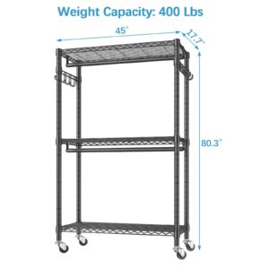 VIPEK V12 Heavy Duty Rolling Garment Rack 3 Tiers Adjustable Wire Shelving Clothes Rack with Double Rods and Side Hooks, Freestanding Wardrobe Storage Rack Metal Clothing Rack, Black