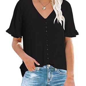 luvamia Women's V Neck Button Down Shirts Ruffle Short Sleeve Blouses Cute Summer Tops Black Size Large Size 12 Size 14