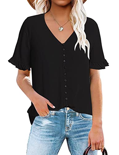 luvamia Women's V Neck Button Down Shirts Ruffle Short Sleeve Blouses Cute Summer Tops Black Size Large Size 12 Size 14