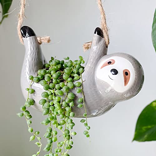 AIPOGOOIN Sloth Hanging Planters Pots Indoor for Succulent Air Plants Cactus Ceramic Cute Flower Pot Holder Outdoor Gardening Gifts for Women Plant Lovers