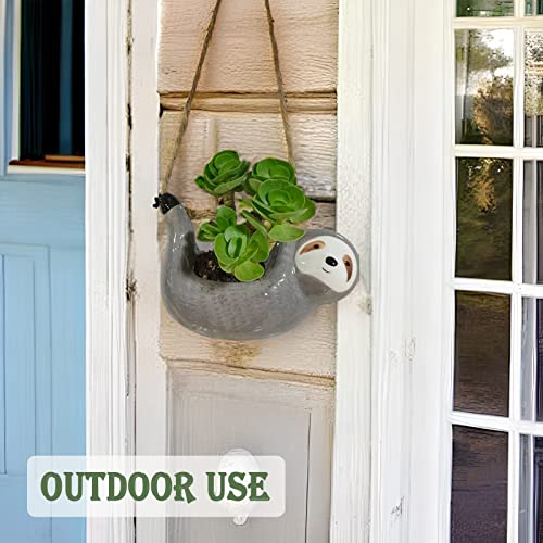 AIPOGOOIN Sloth Hanging Planters Pots Indoor for Succulent Air Plants Cactus Ceramic Cute Flower Pot Holder Outdoor Gardening Gifts for Women Plant Lovers