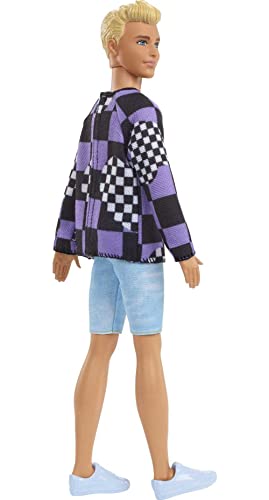 Barbie Fashionistas Ken Fashion Doll #191 with Blonde Cropped Hair in Checkered Sweater, Denim Shorts & White Sneakers