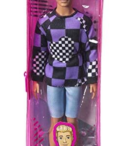 Barbie Fashionistas Ken Fashion Doll #191 with Blonde Cropped Hair in Checkered Sweater, Denim Shorts & White Sneakers