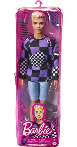 Barbie Fashionistas Ken Fashion Doll #191 with Blonde Cropped Hair in Checkered Sweater, Denim Shorts & White Sneakers