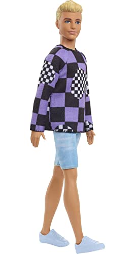 Barbie Fashionistas Ken Fashion Doll #191 with Blonde Cropped Hair in Checkered Sweater, Denim Shorts & White Sneakers