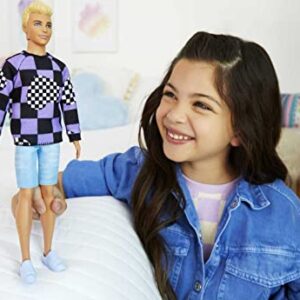 Barbie Fashionistas Ken Fashion Doll #191 with Blonde Cropped Hair in Checkered Sweater, Denim Shorts & White Sneakers