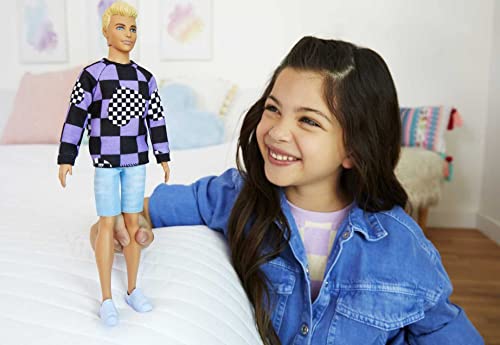 Barbie Fashionistas Ken Fashion Doll #191 with Blonde Cropped Hair in Checkered Sweater, Denim Shorts & White Sneakers