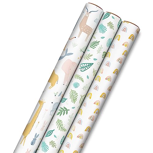 Hallmark Recycled Baby Wrapping Paper with Cutlines on Reverse (3 Rolls: 60 Sq. Ft. Total) Animals, Plants, Rainbows for Baby Showers, Gender Reveal Parties, First Birthdays