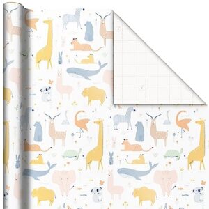 Hallmark Recycled Baby Wrapping Paper with Cutlines on Reverse (3 Rolls: 60 Sq. Ft. Total) Animals, Plants, Rainbows for Baby Showers, Gender Reveal Parties, First Birthdays