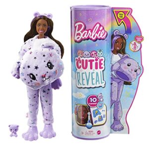 barbie cutie reveal doll, fantasy series teddy bear plush costume, 10 surprises including mini pet & color change