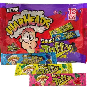 warheads sour taffy chewy candies, individually wrapped fruit flavored chews in watermelon, blue raspberry, and green apple, party supplies and favors for birthdays, gender reveals, and more, 3.59 ounces