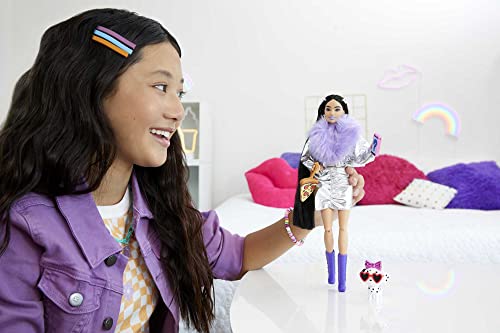 Barbie Extra Doll and Accessories with Black Hair, Lavender Lips, Metallic Silver Jacket and Pet Dalmatian Puppy