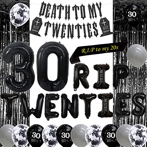 30th Birthday Decorations for Women or Men Black Rip Twenties Balloon, Death To My Twenties Banner, Rip To My 20s Sash for Her or Him Funny Thirty Birthday Party Supplies