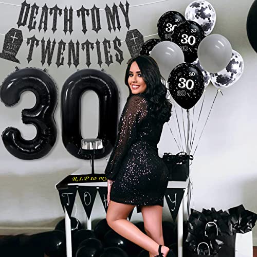 30th Birthday Decorations for Women or Men Black Rip Twenties Balloon, Death To My Twenties Banner, Rip To My 20s Sash for Her or Him Funny Thirty Birthday Party Supplies