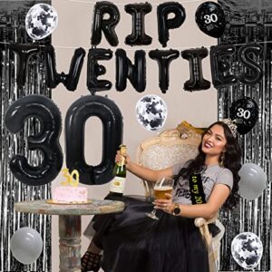 30th Birthday Decorations for Women or Men Black Rip Twenties Balloon, Death To My Twenties Banner, Rip To My 20s Sash for Her or Him Funny Thirty Birthday Party Supplies