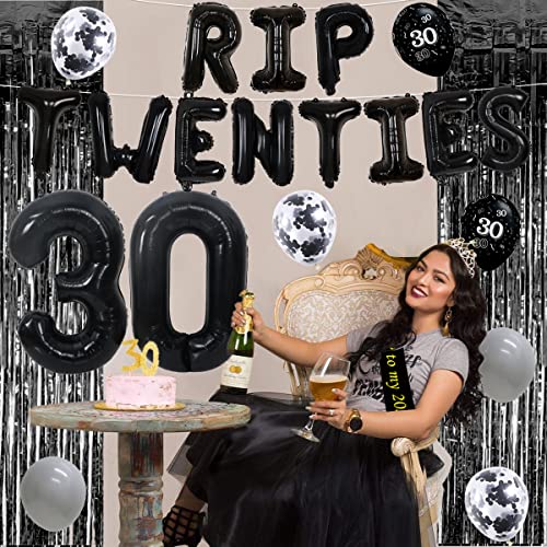 30th Birthday Decorations for Women or Men Black Rip Twenties Balloon, Death To My Twenties Banner, Rip To My 20s Sash for Her or Him Funny Thirty Birthday Party Supplies