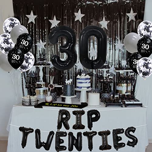 30th Birthday Decorations for Women or Men Black Rip Twenties Balloon, Death To My Twenties Banner, Rip To My 20s Sash for Her or Him Funny Thirty Birthday Party Supplies