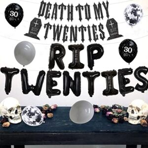 30th Birthday Decorations for Women or Men Black Rip Twenties Balloon, Death To My Twenties Banner, Rip To My 20s Sash for Her or Him Funny Thirty Birthday Party Supplies