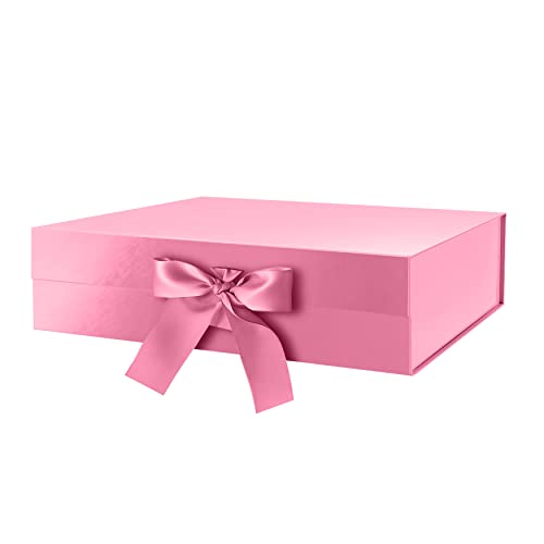 GREEN BEAN Large Gift Box with Ribbon 13x9.7x3.4 Inches, Pink Gift Box with Lid Large, Bridesmaid Proposal Box, Luxury Gift Box for Present (Glossy Pink)