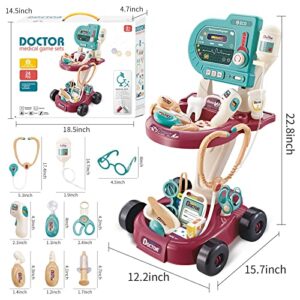 Deejoy Toy Doctor Kit for Kids , Pretend Medical Station Set for Boys & Girls，24 Accessories Mobile Cart with Lights, Eye Chart,, Thermometer, Stethoscope, Pulse Machine，Great Gift for Toddlers