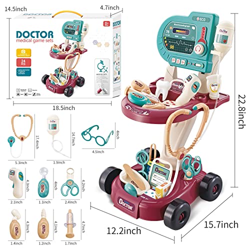 Deejoy Toy Doctor Kit for Kids , Pretend Medical Station Set for Boys & Girls，24 Accessories Mobile Cart with Lights, Eye Chart,, Thermometer, Stethoscope, Pulse Machine，Great Gift for Toddlers