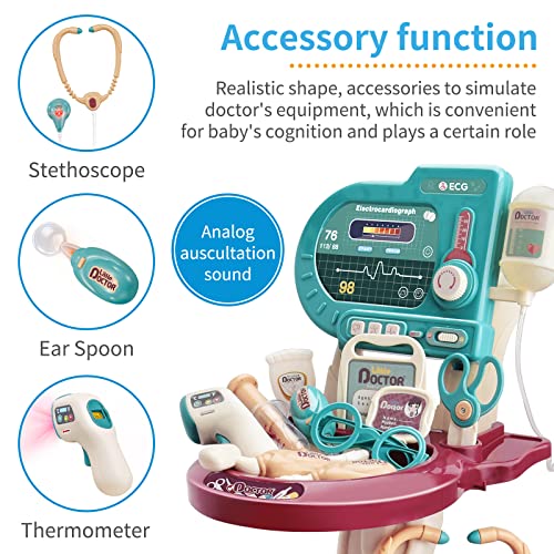 Deejoy Toy Doctor Kit for Kids , Pretend Medical Station Set for Boys & Girls，24 Accessories Mobile Cart with Lights, Eye Chart,, Thermometer, Stethoscope, Pulse Machine，Great Gift for Toddlers