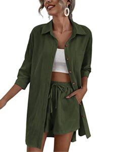 zeagoo womens coordinated outfit summer short sleeve set solid color tracksuits, 03_army green, x-large