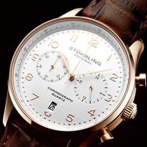 Stuhrling Original Mens Quartz Chronograph Dress Watch - Stainless Steel Case and Leather Band - Analog Dial with Date GR1-Q Mens Watches Collection