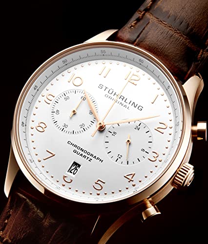 Stuhrling Original Mens Quartz Chronograph Dress Watch - Stainless Steel Case and Leather Band - Analog Dial with Date GR1-Q Mens Watches Collection