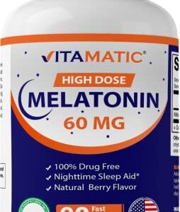 Vitamatic Melatonin 60mg Fast Dissolve Tablets - 60 Vegan Natural Berry Flavor Tablets - Non-Habit Forming - Non-GMO, Gluten Free (1 Bottle)