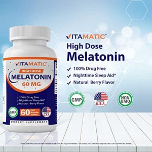 Vitamatic Melatonin 60mg Fast Dissolve Tablets - 60 Vegan Natural Berry Flavor Tablets - Non-Habit Forming - Non-GMO, Gluten Free (1 Bottle)