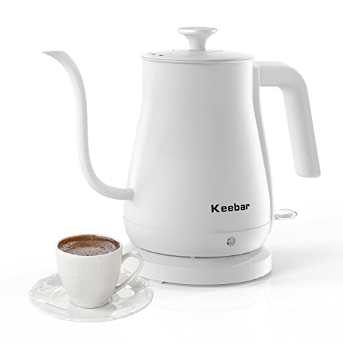 Keebar Electric Kettle, 100% Stainless Steel Tea Kettle, Electric Gooseneck Kettle with Auto Shut Off, Pour Over Kettle for Coffee & Tea, 0.8L,1000W,White