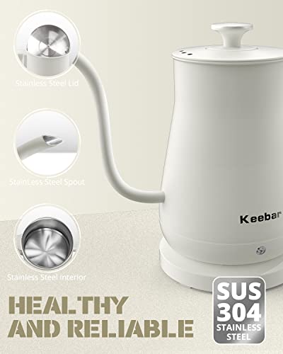 Keebar Electric Kettle, 100% Stainless Steel Tea Kettle, Electric Gooseneck Kettle with Auto Shut Off, Pour Over Kettle for Coffee & Tea, 0.8L,1000W,White