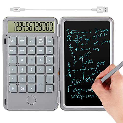 Hion Calculators,12-Digit Large Display Rechargeable Pocket Office Desktop Calculator with Erasable Wiriting Tablet,Mute Basic Desk Calculators with Doodle Pad for Student Home School,Grey