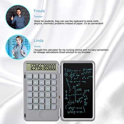 Hion Calculators,12-Digit Large Display Rechargeable Pocket Office Desktop Calculator with Erasable Wiriting Tablet,Mute Basic Desk Calculators with Doodle Pad for Student Home School,Grey