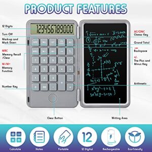 Hion Calculators,12-Digit Large Display Rechargeable Pocket Office Desktop Calculator with Erasable Wiriting Tablet,Mute Basic Desk Calculators with Doodle Pad for Student Home School,Grey