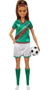 barbie soccer fashion doll with brunette ponytail, colorful #16 uniform, cleats & tall socks, soccer ball 11.5 inches