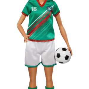 Barbie Soccer Fashion Doll with Brunette Ponytail, Colorful #16 Uniform, Cleats & Tall Socks, Soccer Ball 11.5 inches