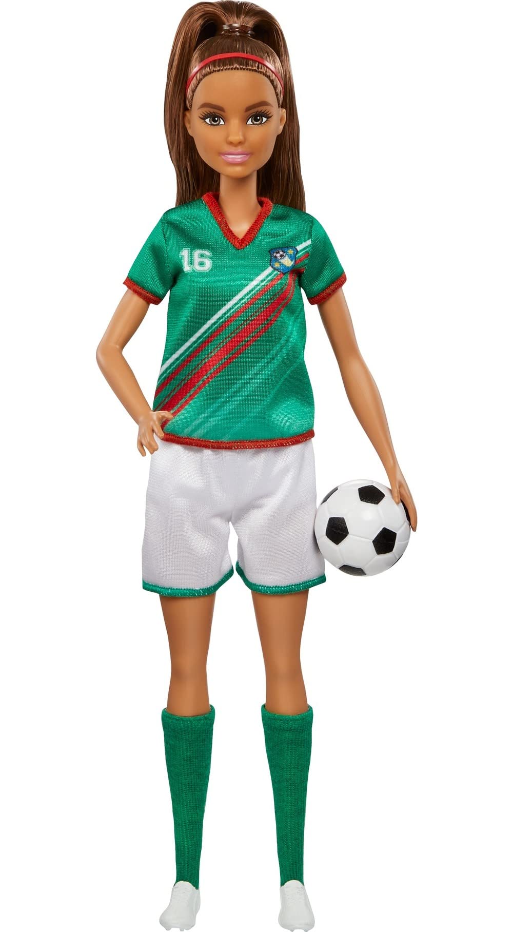 Barbie Soccer Fashion Doll with Brunette Ponytail, Colorful #16 Uniform, Cleats & Tall Socks, Soccer Ball 11.5 inches