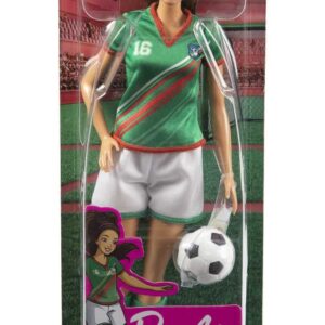 Barbie Soccer Fashion Doll with Brunette Ponytail, Colorful #16 Uniform, Cleats & Tall Socks, Soccer Ball 11.5 inches