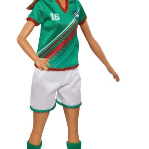 Barbie Soccer Fashion Doll with Brunette Ponytail, Colorful #16 Uniform, Cleats & Tall Socks, Soccer Ball 11.5 inches