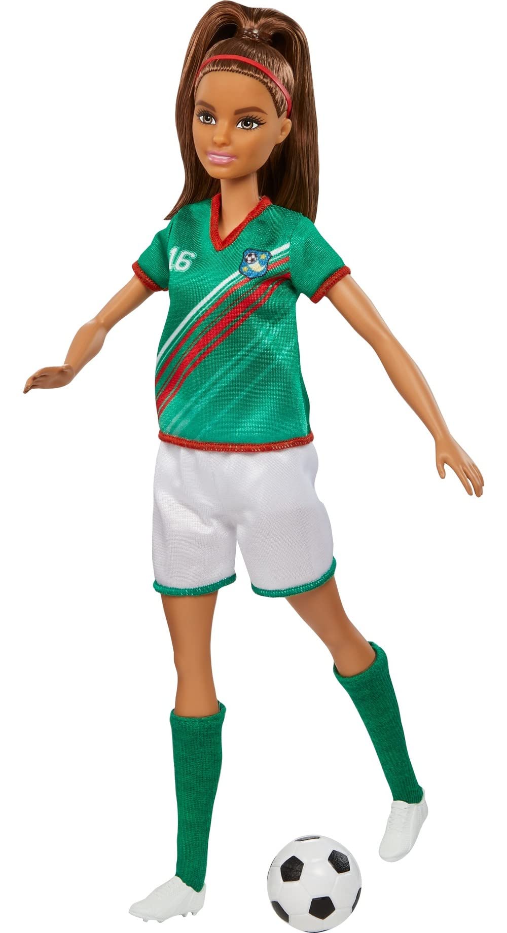 Barbie Soccer Fashion Doll with Brunette Ponytail, Colorful #16 Uniform, Cleats & Tall Socks, Soccer Ball 11.5 inches